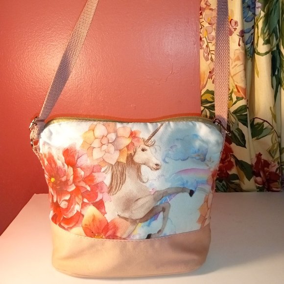 Bags | Pink And Light Blue Colorful Floral Unicorn Crossbody Handbag ...
